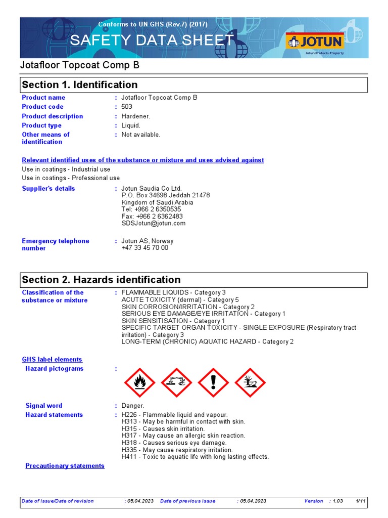 SDS Jotafloor Topcoat Comp B | PDF | Toxicity | Occupational Safety And ...