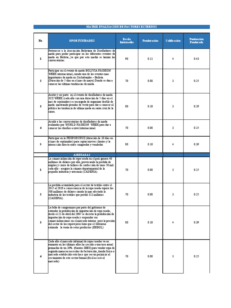 Matriz Efe y Efi | PDF | Bolivia | Ropa