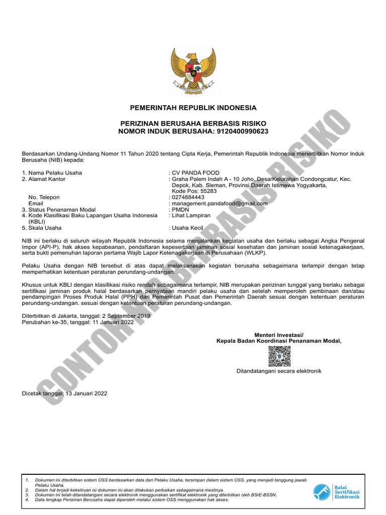 Contoh NIB Berbasis Risiko | PDF