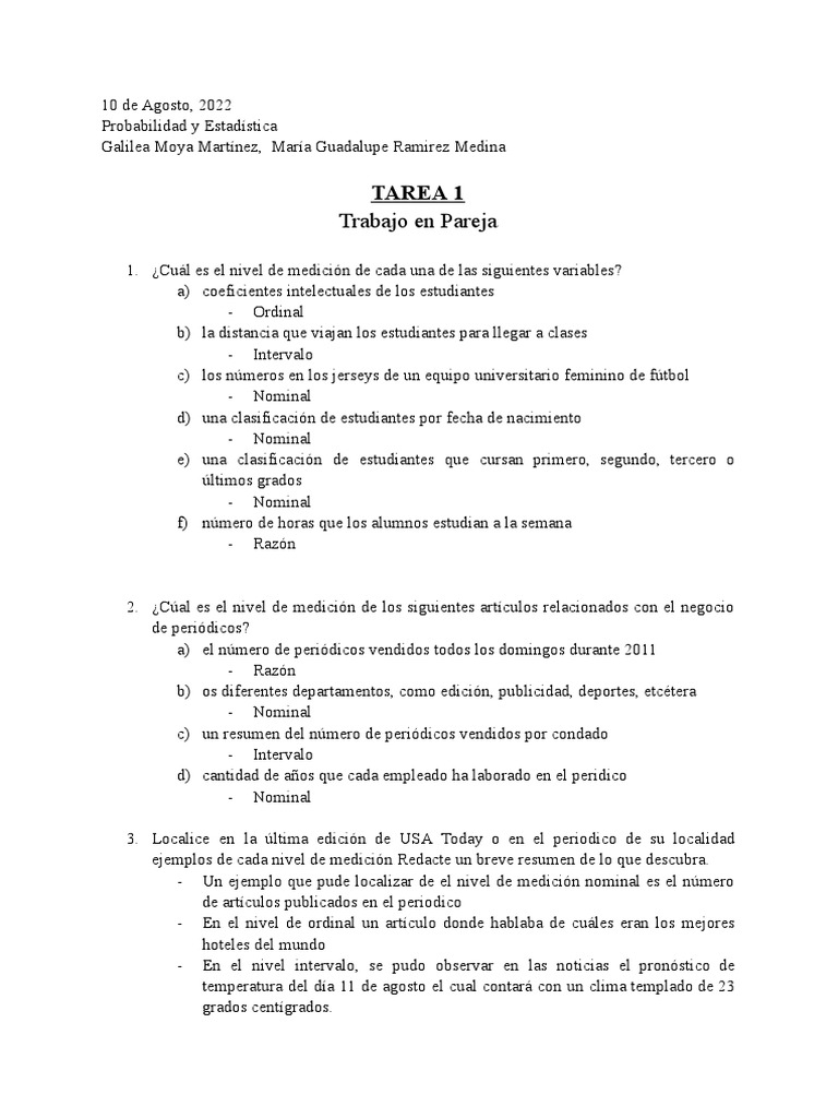 Tarea 1, Cap 1, T1 en Pareja | PDF | Nivel de medida | Estadísticas