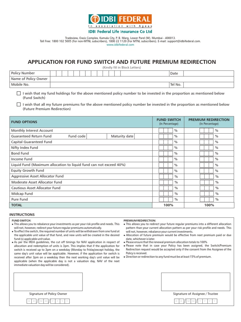 Application For Fund Switch and Future Premium Re Direction | PDF ...