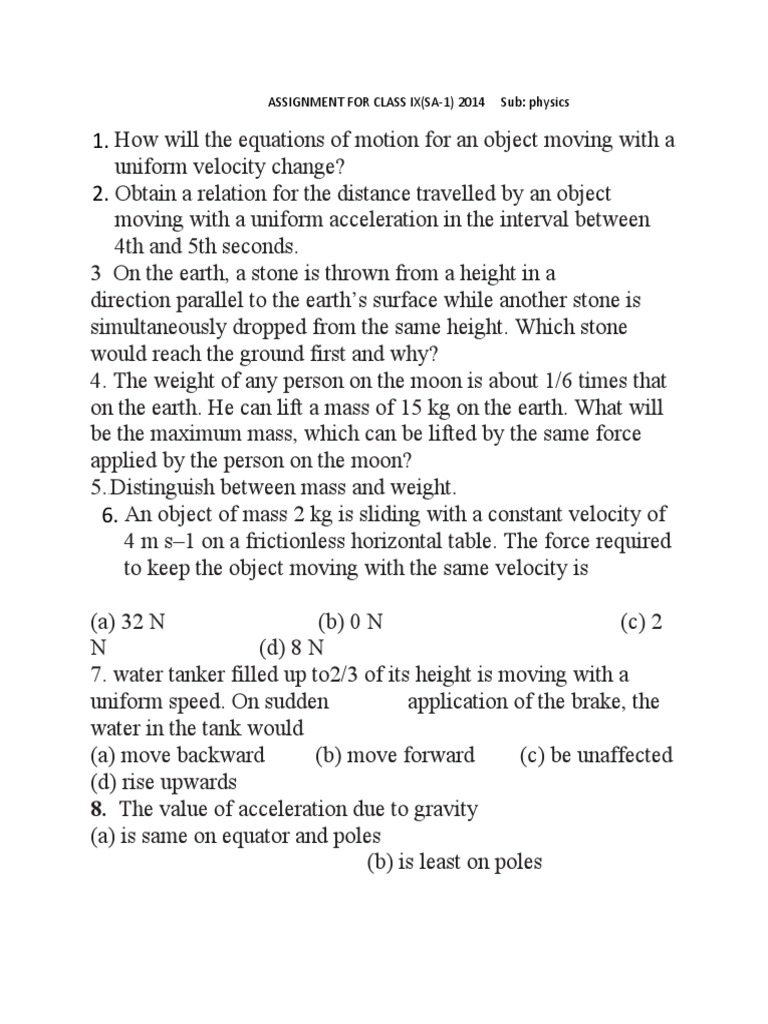CBSE Class 9 Physics Worksheet - Revision | PDF