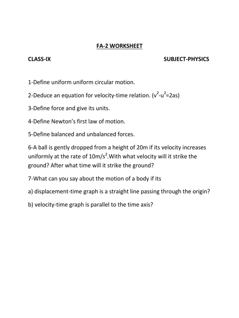 CBSE Class 9 Physics Worksheet - Revision | PDF