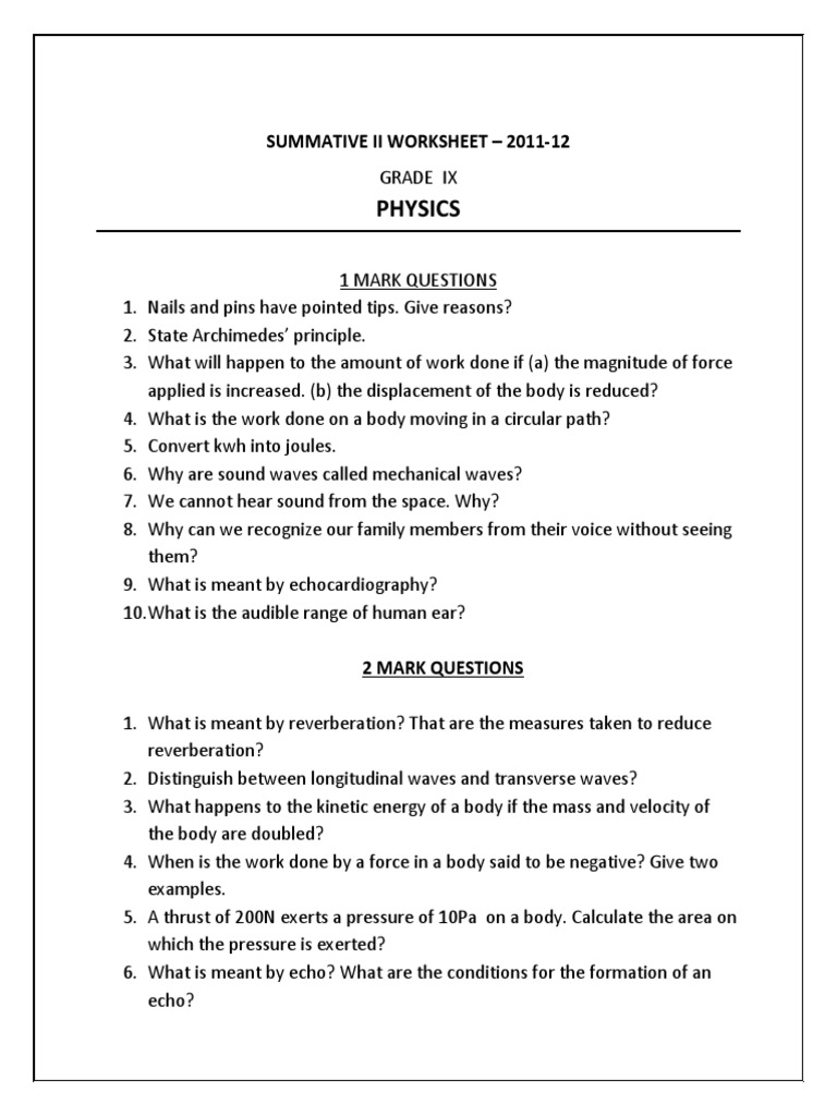 Grade IX Physics Worksheet 2011-12 | PDF | Waves | Force