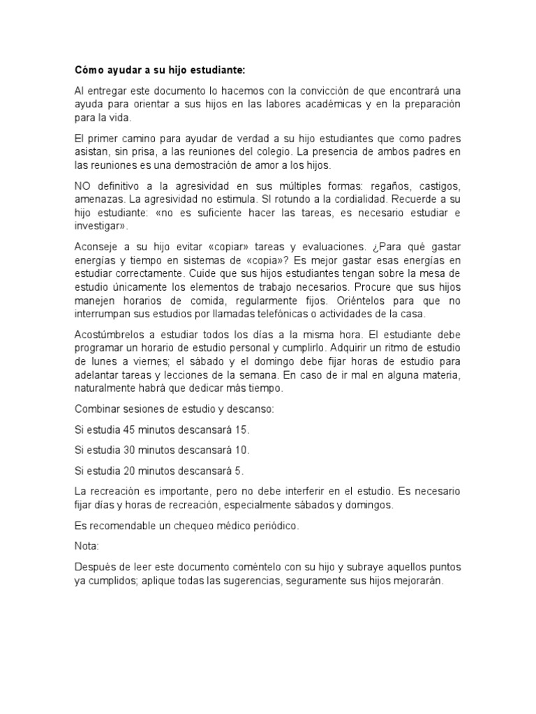 Cómo Ayudar A Su Hijo Estudiante Pdf