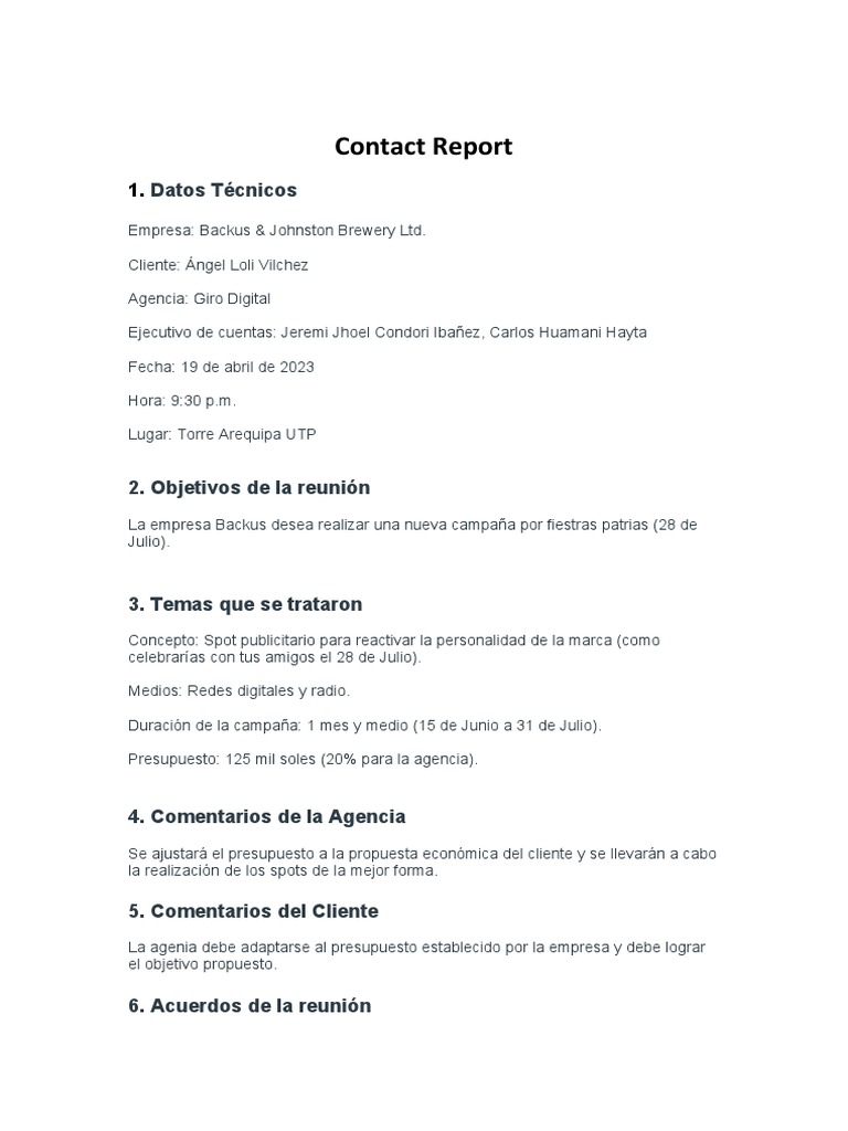 Contact Report y Brief-1 | PDF | Cerveza | Publicidad