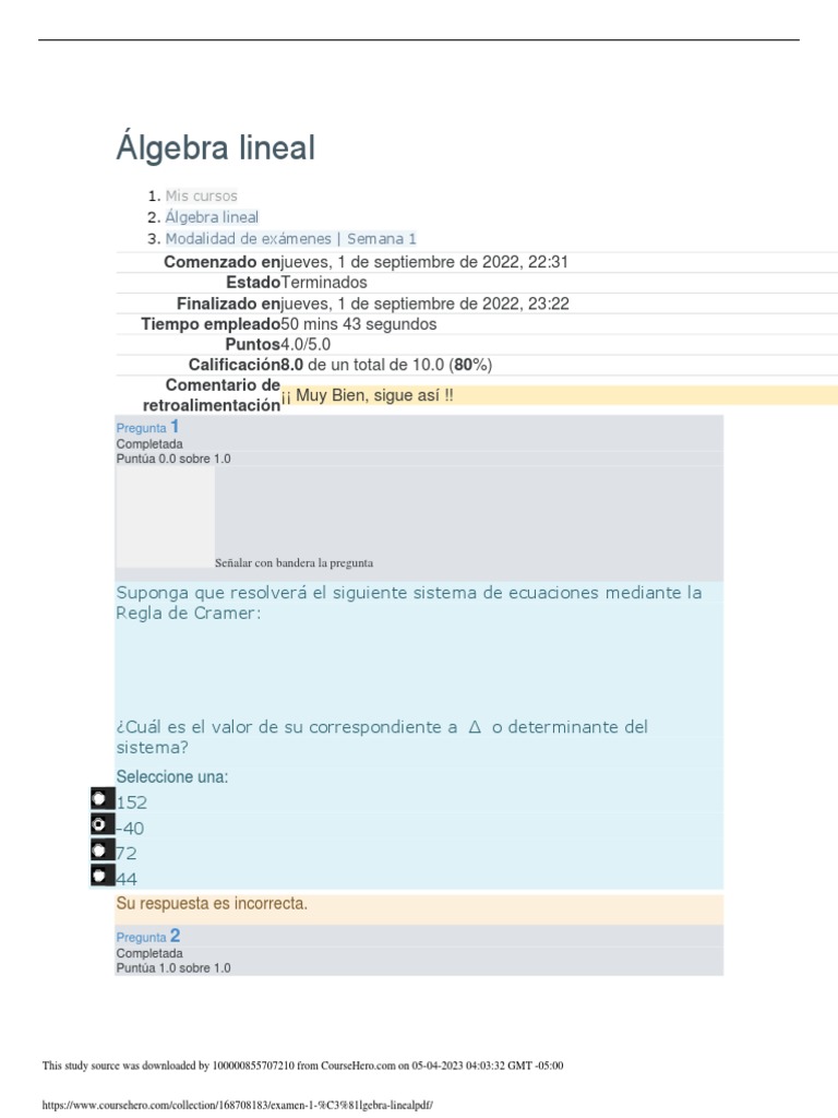 Examen 1 Lgebra Lineal PDF | PDF | Matriz (Matemáticas) | Determinante