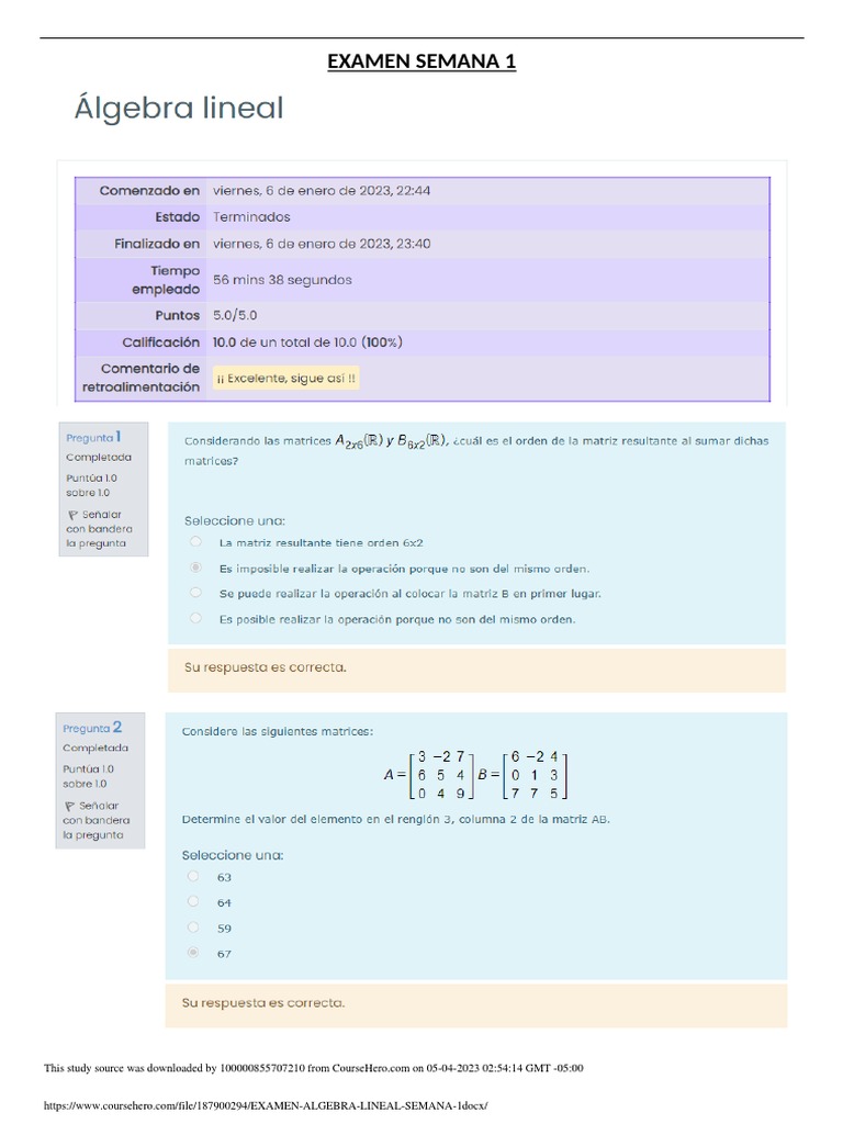 Examen Algebra Lineal Semana 1 | PDF