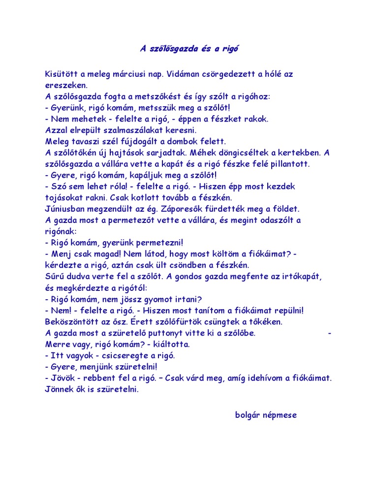 A Szőlősgazda És A Rigó | PDF