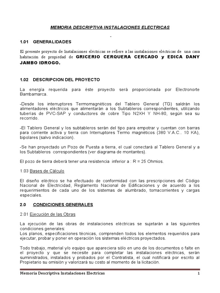 MEM - DESCRIPTIVA-CI-INST ELECTRICAS-L25, MZ 103 CP BAMBAMRCA GRICERIO ...