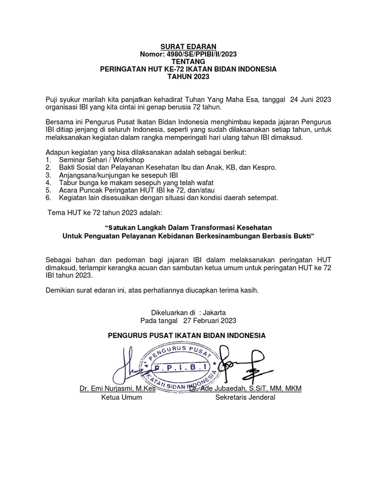4980 Surat Edaran-ToR-Sambutan HUT IBI 72 2023-Rev 27 2 23 | PDF | Ilmu ...