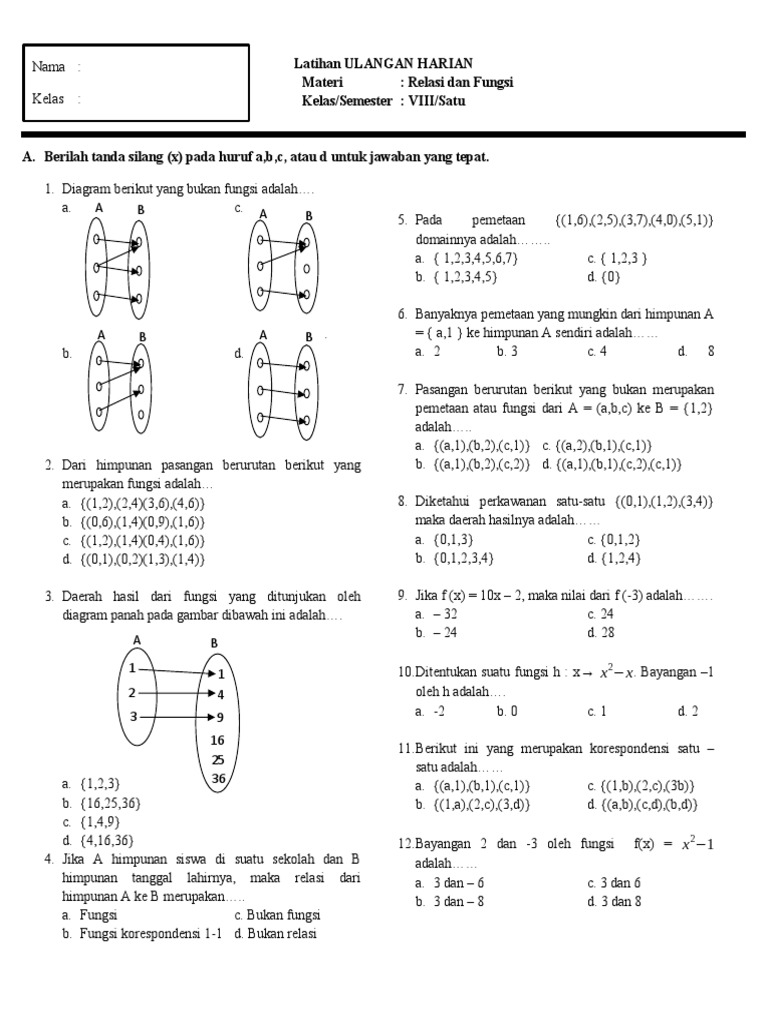 Soal UH Bab Relasi Dan Fungsi Kelas 8 | PDF | Metode & Bahan Ajar