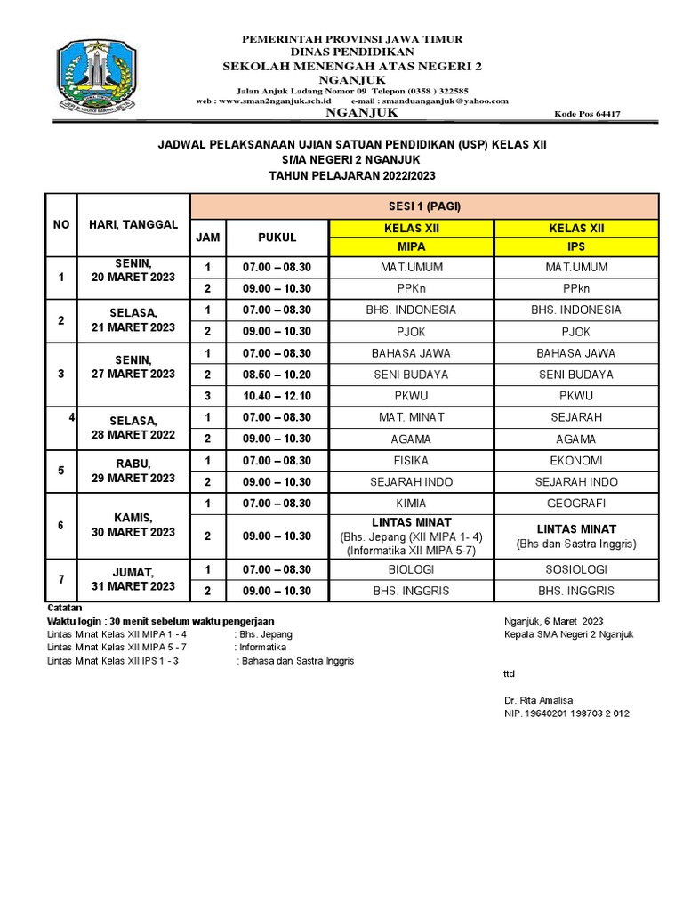 Jadwal Usp, Daftar Peserta Dan Denah Ruang Usp 2022-2023 | PDF