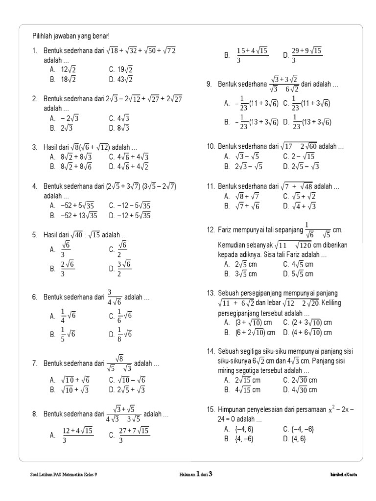 Soal PAS Matematika Kelas 9 | PDF