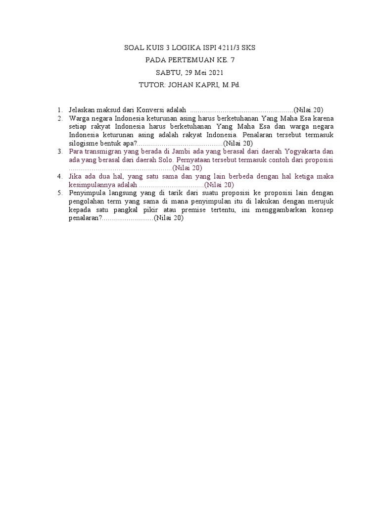SOAL KUIS 3 Logika 2021.1 Johan | PDF