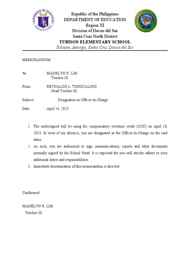 Designation as OIC Memorandum | PDF