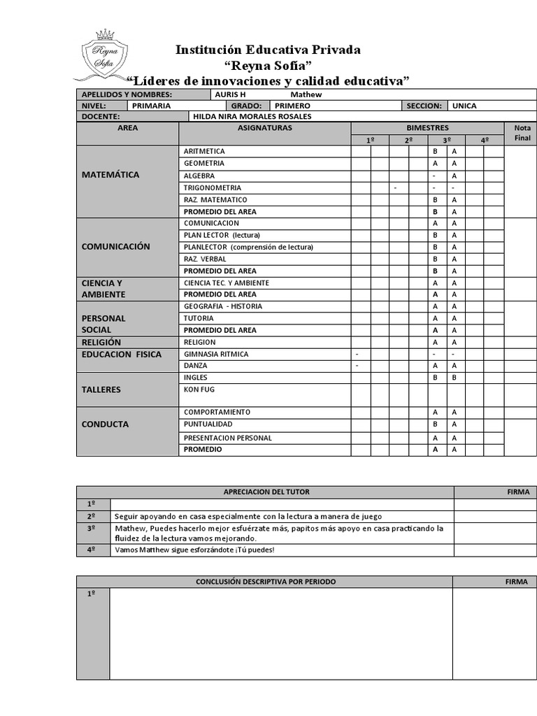 Libreta de Primaria Reyna Sofia | PDF