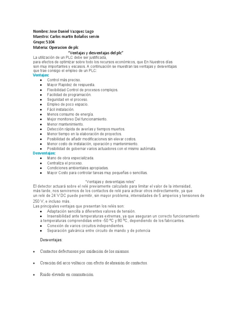 PLC Ventajas | PDF | Relé | Controlador lógico programable
