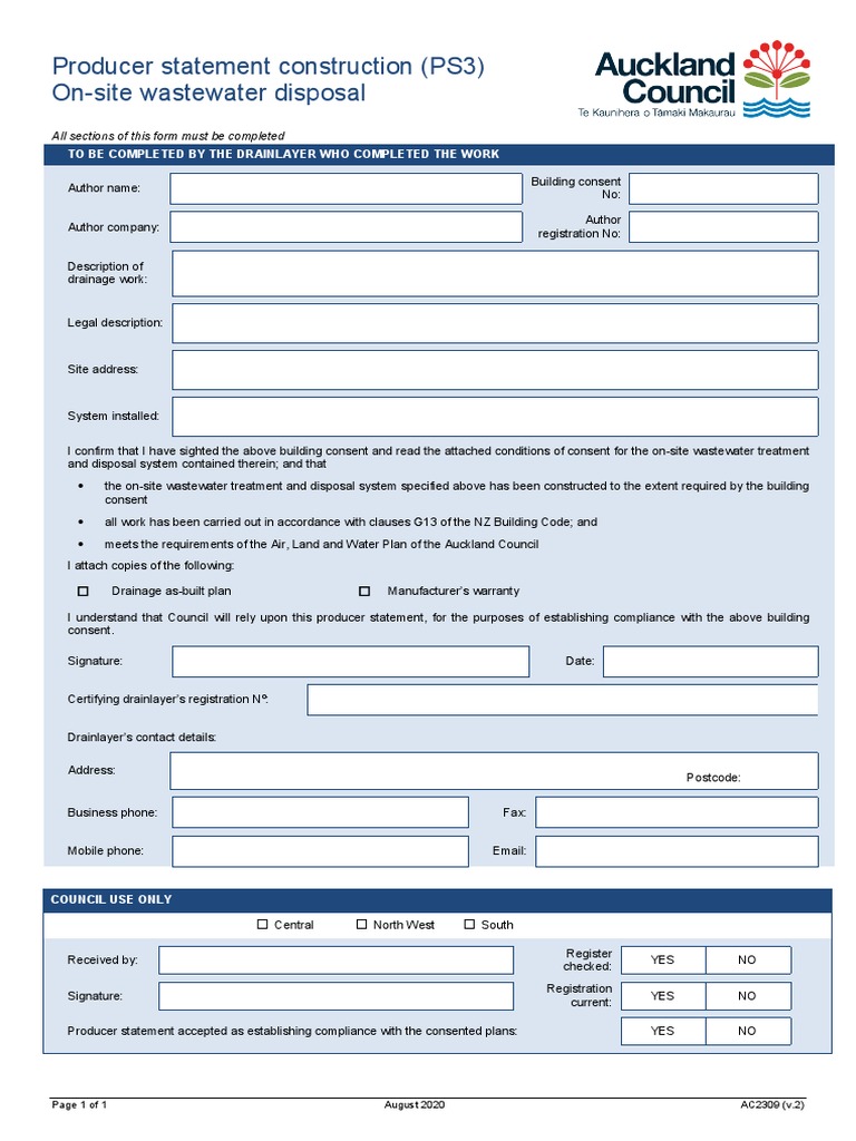Ac2309 Producer Statement Construction ps3 On Site Wastewater Disposal ...