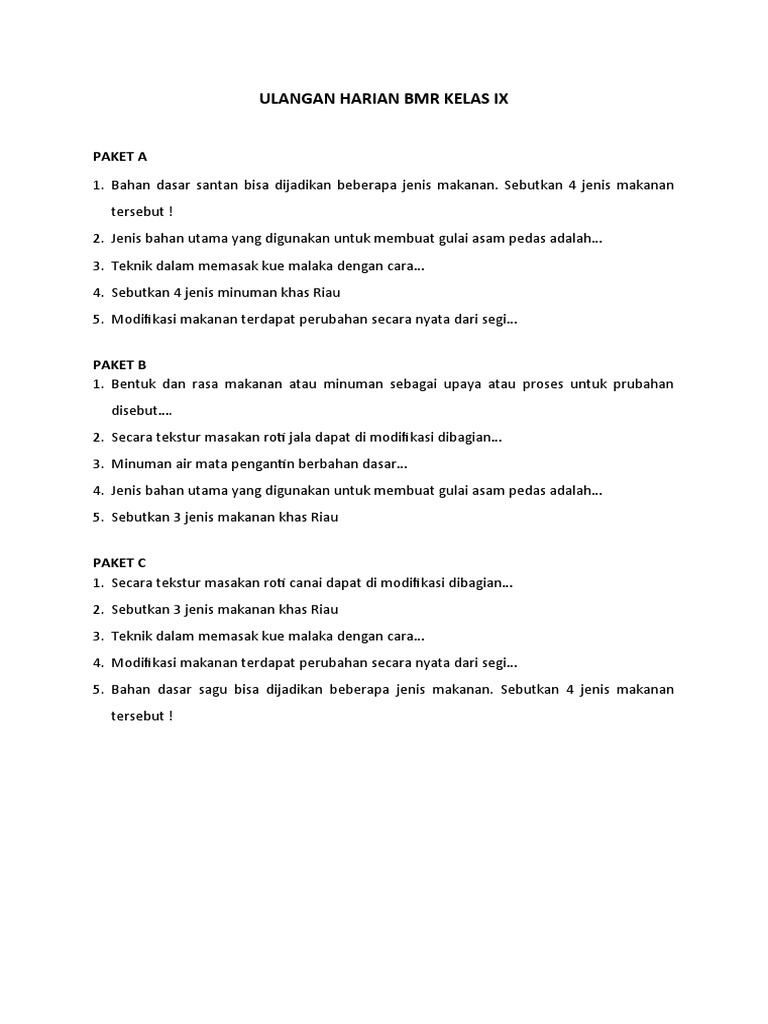 Ulangan Harian BMR Kelas Ix | PDF