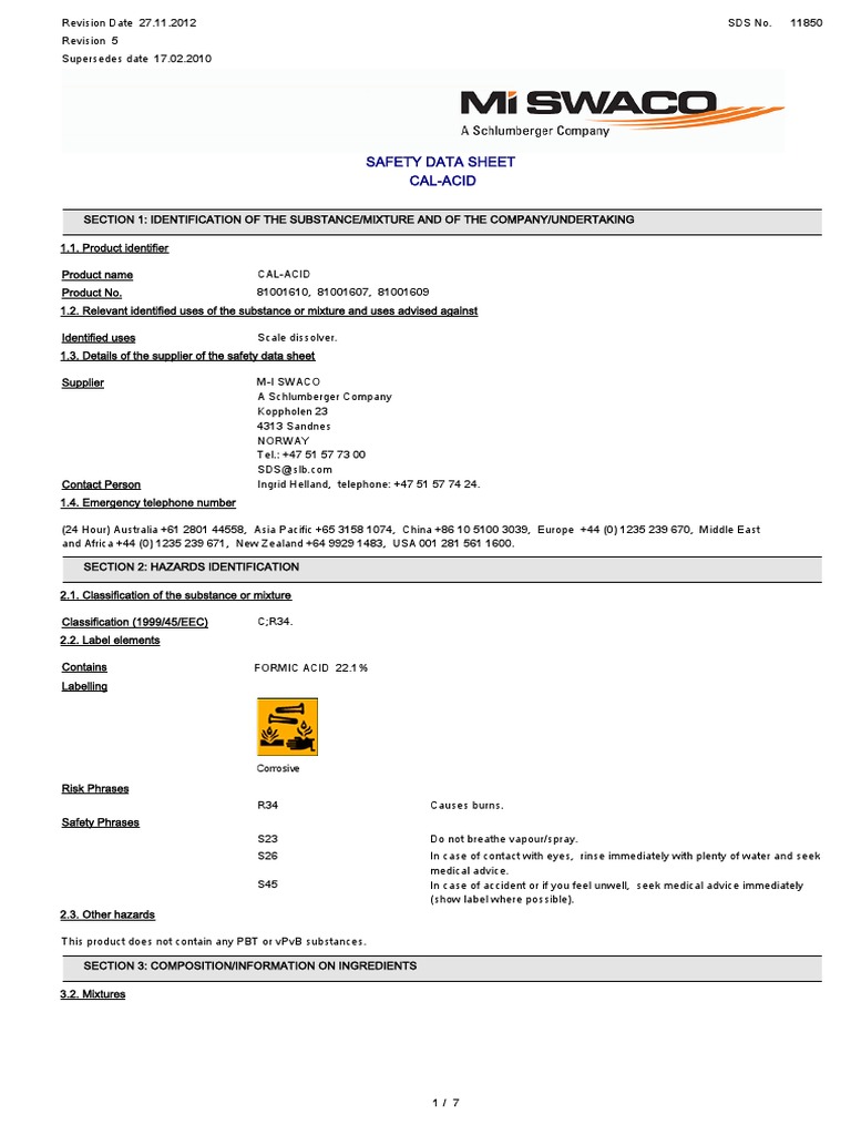 Cal-Acid Msds Formic Acid 21 | PDF | Dangerous Goods | Firefighting