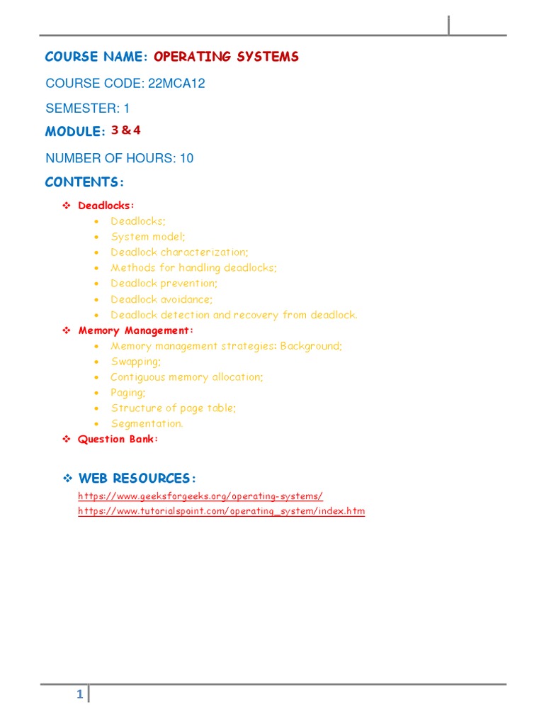 Operating Systems: Course Code: 22mca12 Semester: 1 | Download Free PDF | Process (Computing ...