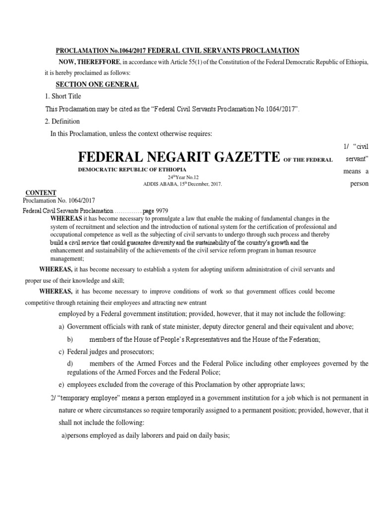 1064 2017 Federal Civil Servants Proclamation | PDF | Employment | Salary