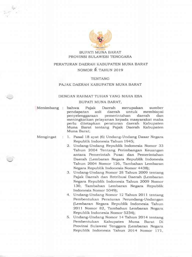 Perda No.6 Tahun 2019 Pajak Daerah Kabupaten Muna Barat | PDF