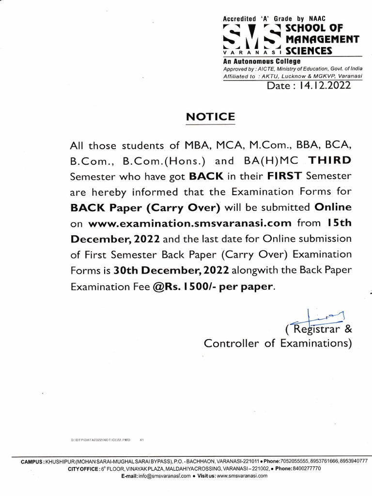 Back Paper (Examination) - Notice | PDF | Academic Degree | Educational ...