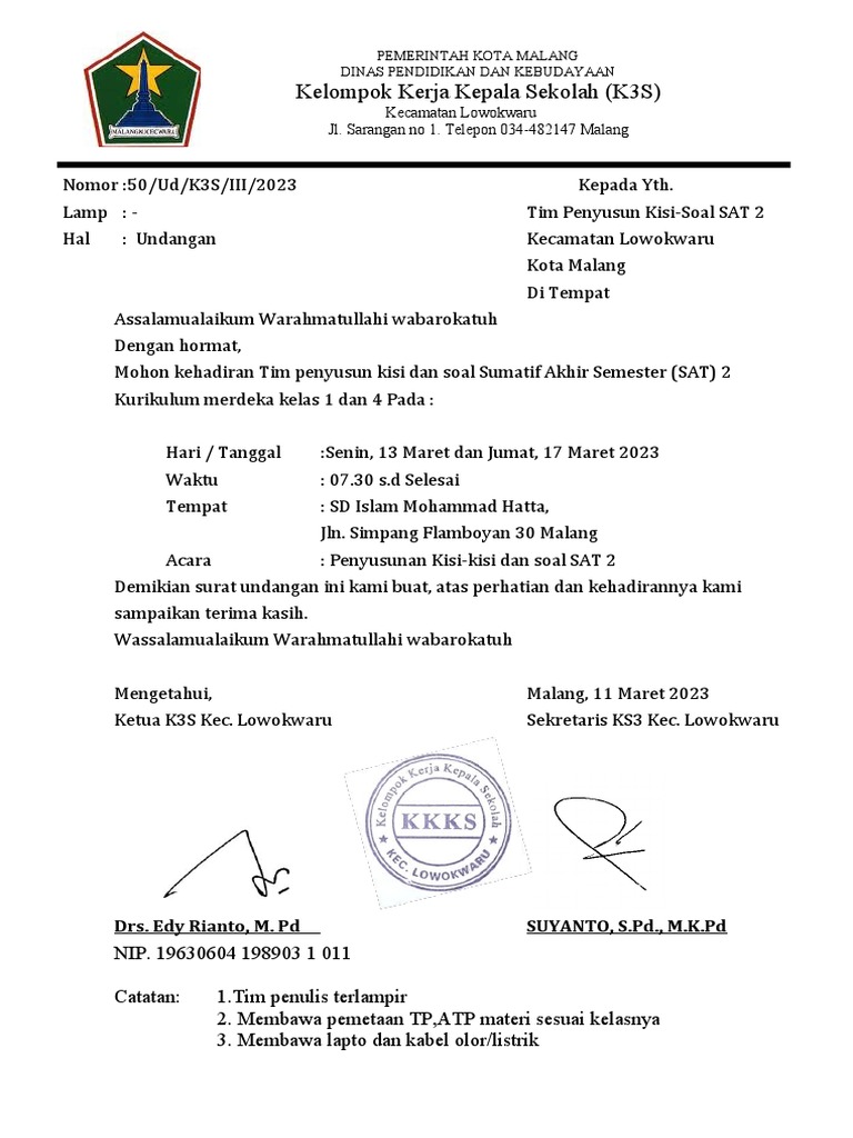 Undangan Penyusunan Kisi Soal SAT 2 Malang | PDF