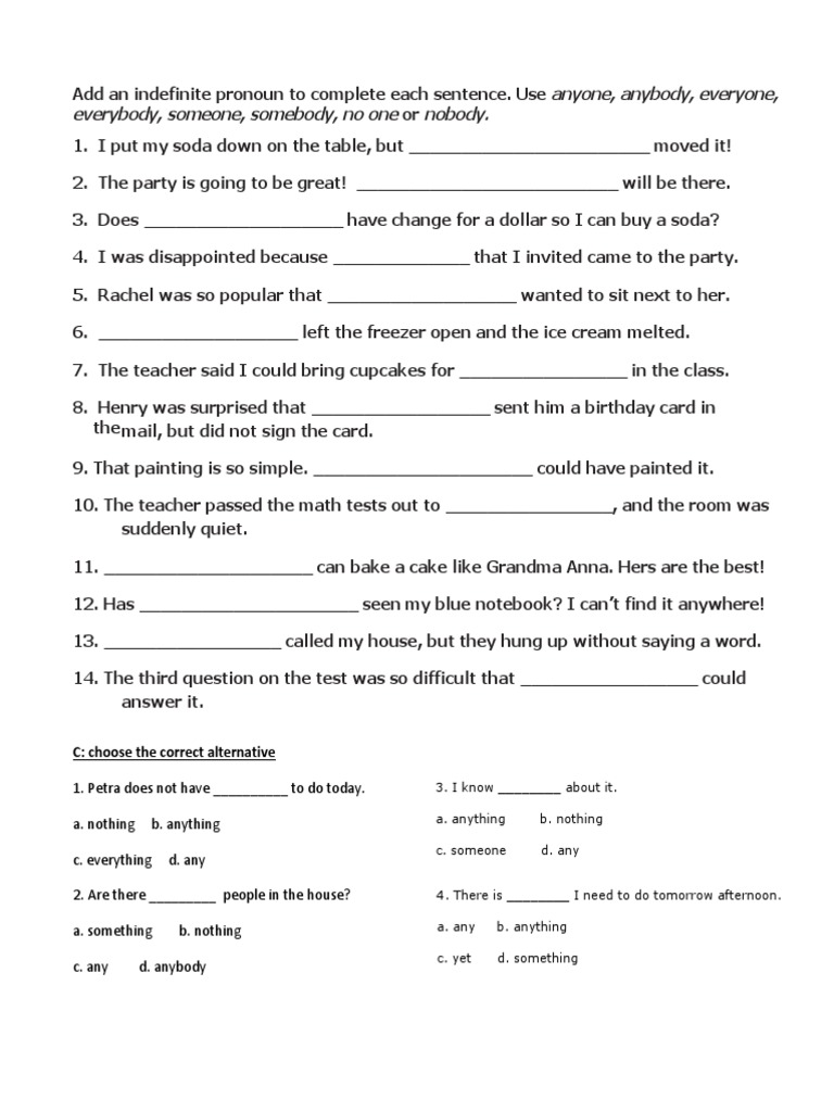 Indefinite Pronouns - Every-, Any-, Some-, No | PDF