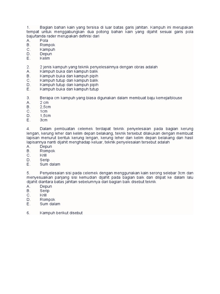 Soal Teknologi Menjahit | PDF