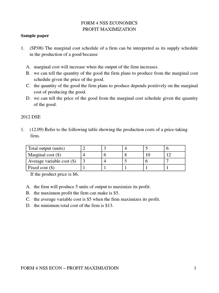 Profit Maximization Economics Sample Paper | PDF | Marginal Cost ...