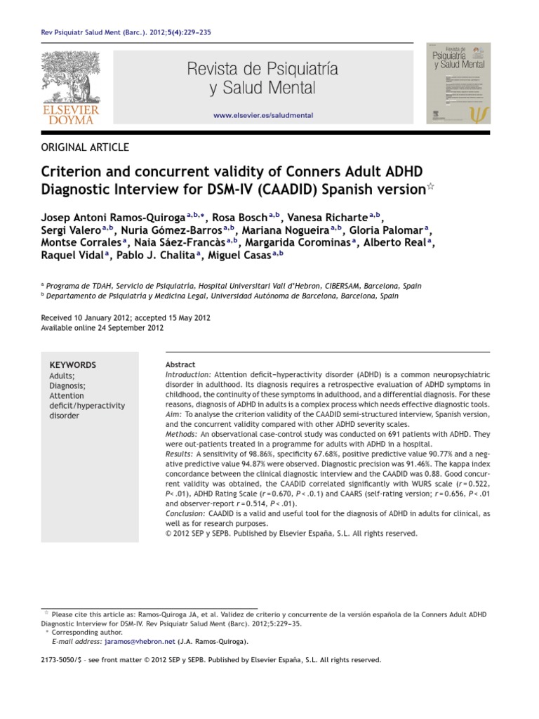 Criterion and Concurrent Validity of Conners Adult Adhd Diagnostic ...