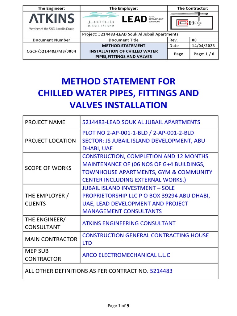 Method of Statements For Installation of Chilled Water Pipes, Fittings ...