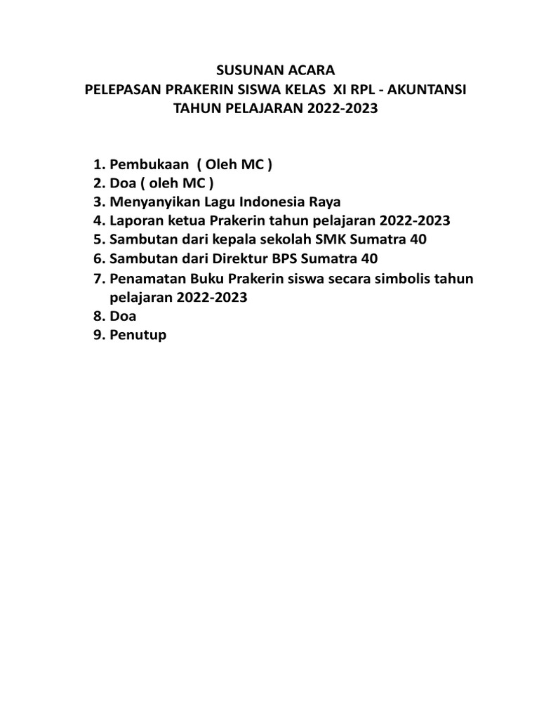 Susunan Acara Pelepasan Pkl'23 | PDF