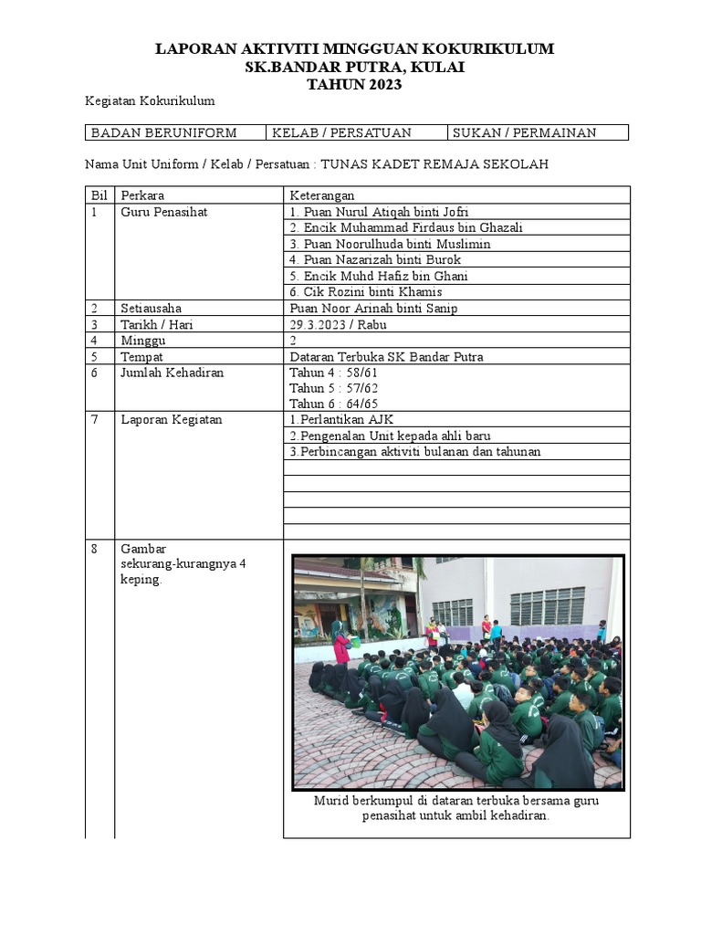 Laporan Aktiviti Mingguan Kokurikulum (Minggu 2 - 29 Mac 2023) | PDF