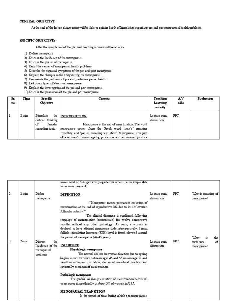 Lesson Plan On Pre and Post - Menopausal Problems | PDF | Menopause ...