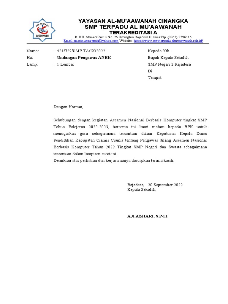 Undangan Pengawas ANBK SMP 2022 | PDF