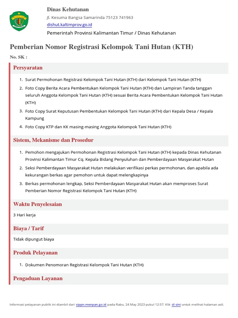 Unduh Standar Pelayanan - Pemberian Nomor Registrasi Kelompok Tani Hutan (KTH) | PDF