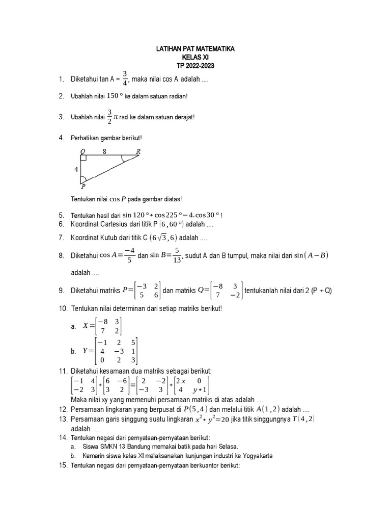 Kisi-Kisi PAT Matematika XI TP 2022-2023 | PDF