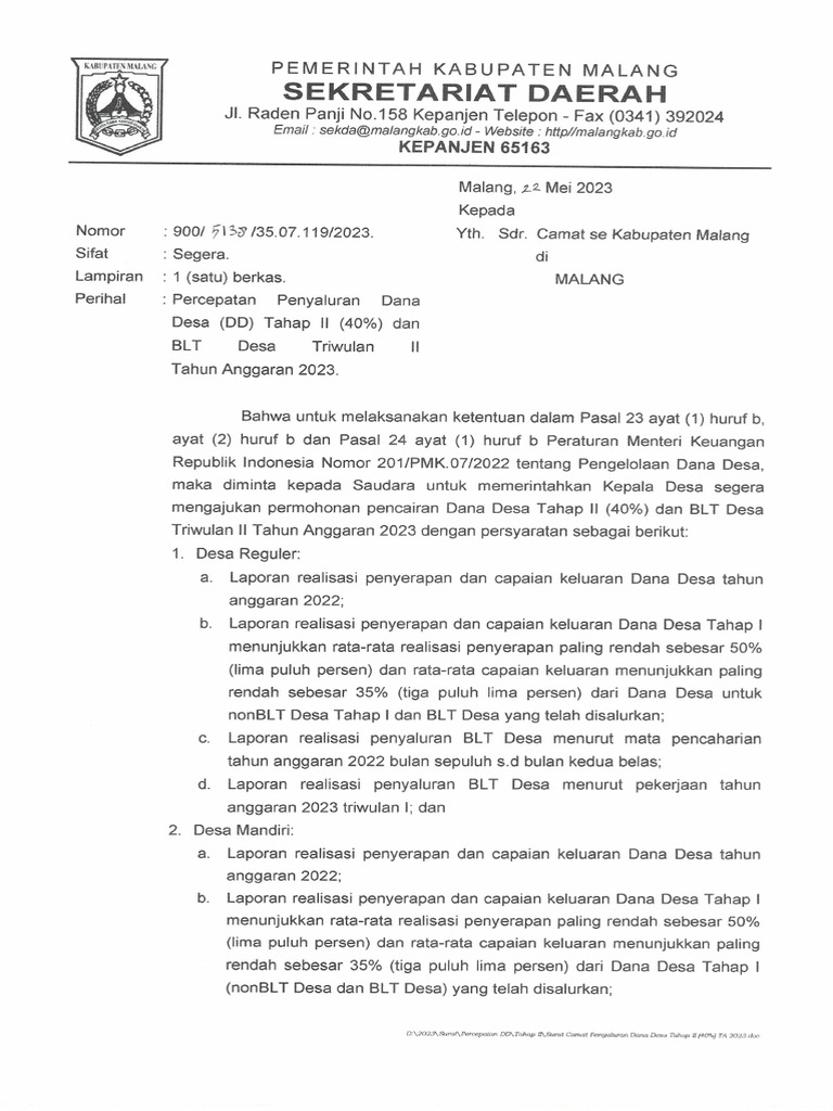 Surat Sekda Percepatan Penyaluran DD Tahap Ii 40% Dan BLT Desa Triwulan ... Surat Sekda Percepatan Penyaluran DD Tahap Ii 40% Dan BLT Desa Triwulan ...