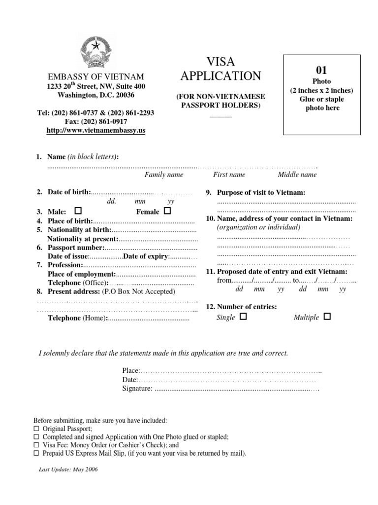 VIETNAM Visa Form1 | PDF | Travel Visa | Immigration