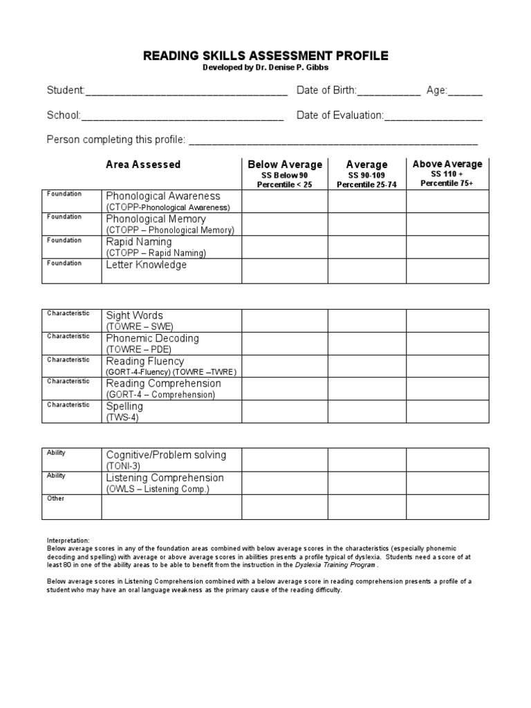 Reading Skills Assessment Profile Form | PDF