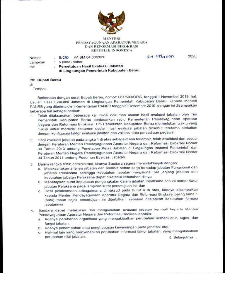 Surat Persetujuan Hasil Evaluasi Jabatan Di Lingkungan Pemerintah Kabupaten Berau (Surat S, D ...