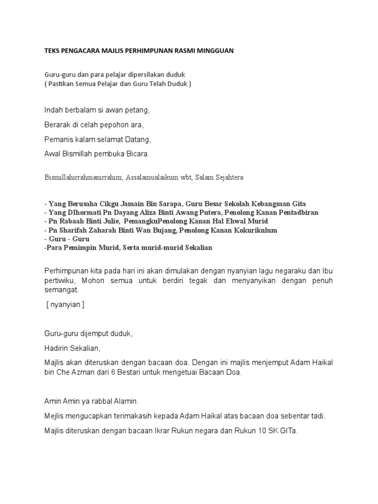 TEKS PENGACARA MAJLIS PERHIMPUNAN RASMI MINGGUAN | PDF