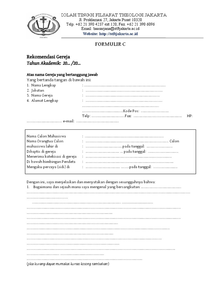 Formulir C Pendaftaran Prodi Sarjana STFT Jakarta Rekomendasi Gereja | PDF