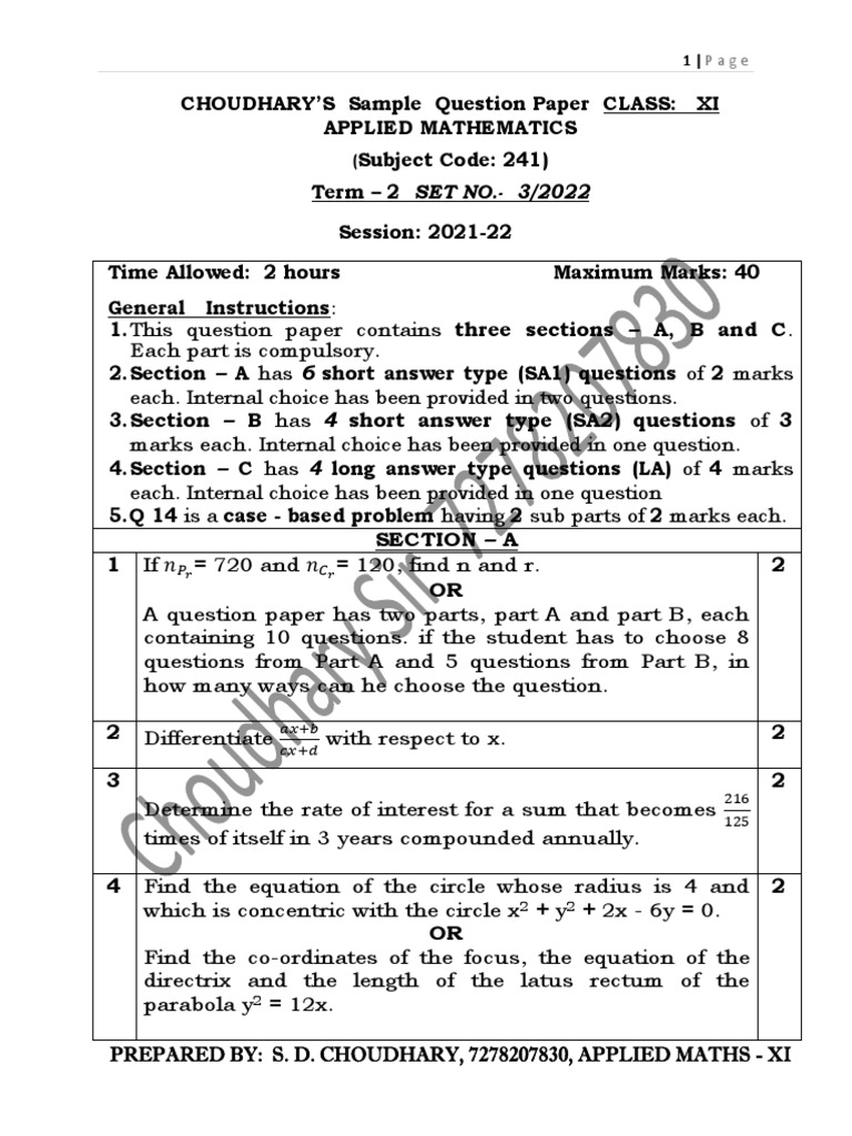 Applied Math Test Paper - Xi Set 3 - Sem 2 | PDF | Tax Deduction | Interest