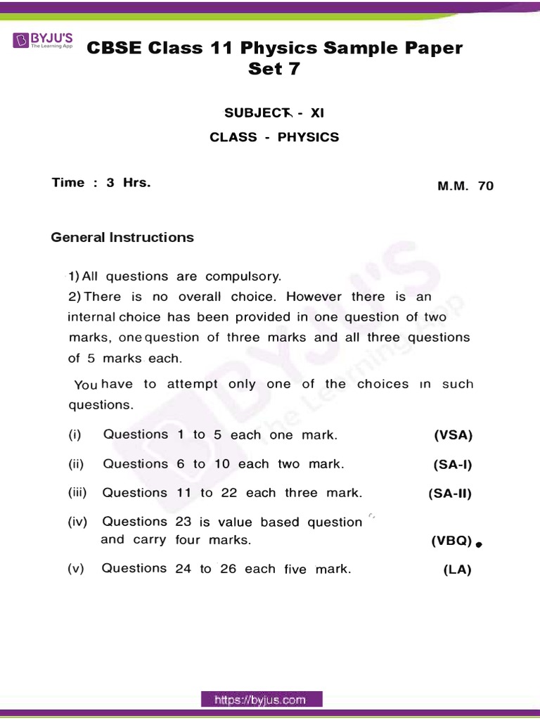 CBSE Class 11 Physics Sample Paper Set 7 | PDF