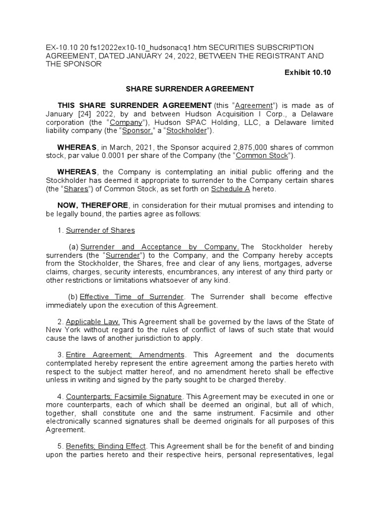 Share Surrender Agreement | PDF | Stocks | Private Law